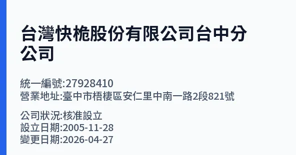 台灣快桅股份有限公司台中分公司的照片-統編 27928410(臺中市) 公司登記資料與營業項目詳細圖表