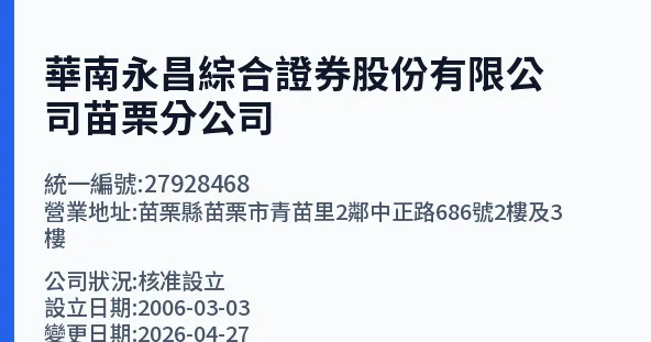 華南永昌綜合證券股份有限公司苗栗分公司的照片-統編 27928468(苗栗縣) 公司登記資料與營業項目詳細圖表