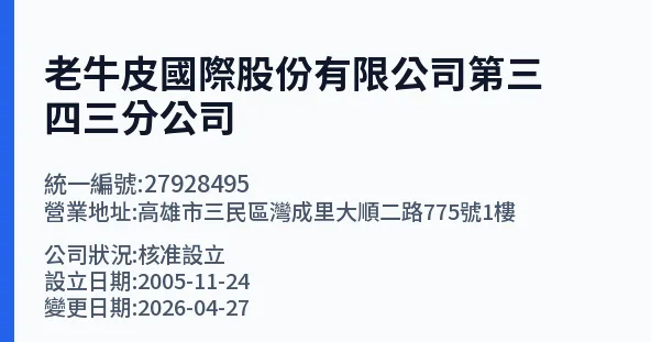 老牛皮國際股份有限公司第三四三分公司的照片-統編 27928495(高雄市) 公司登記資料與營業項目詳細圖表