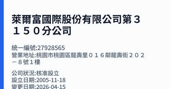 萊爾富國際股份有限公司第３１５０分公司 - 統編 27928565(桃園市) 公司登記資料與營業項目詳細圖表