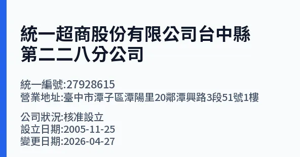 統一超商股份有限公司台中縣第二二八分公司的照片-統編 27928615(臺中市) 公司登記資料與營業項目詳細圖表