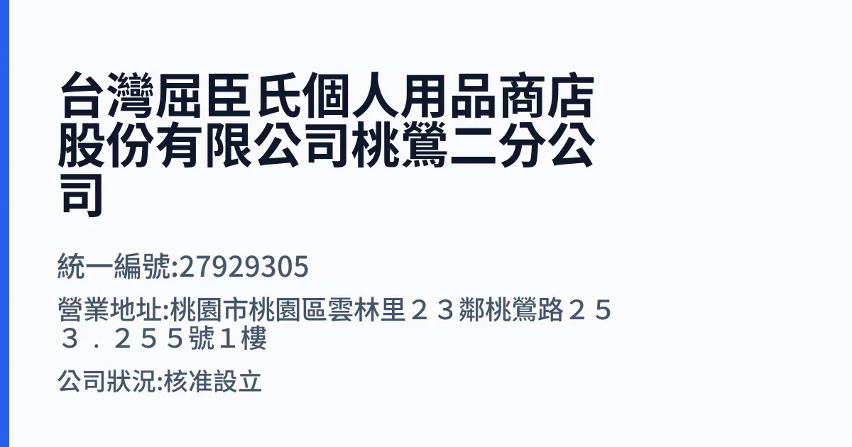 台灣屈臣氏個人用品商店股份有限公司桃鶯二分公司 - 統編 27929305(桃園市) 公司登記資料與營業項目詳細圖表