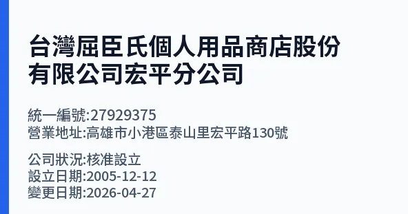 台灣屈臣氏個人用品商店股份有限公司宏平分公司的照片-統編 27929375(高雄市) 公司登記資料與營業項目詳細圖表