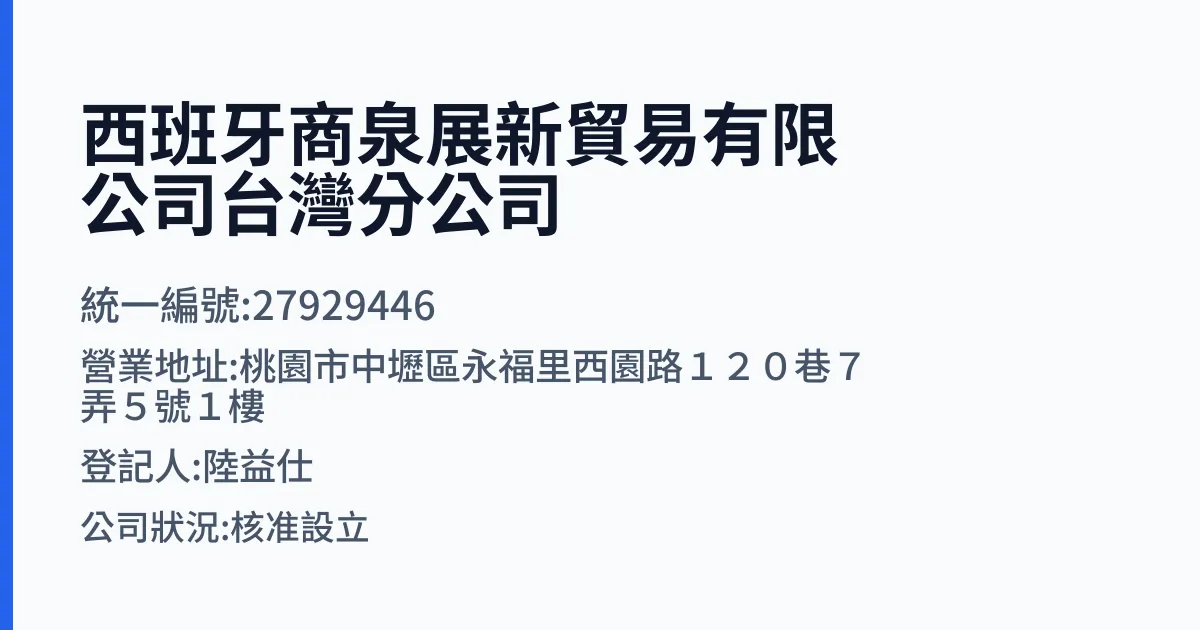 西班牙商泉展新貿易有限公司台灣分公司 - 統編 27929446(桃園市) 公司登記資料與營業項目詳細圖表
