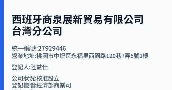 西班牙商泉展新貿易有限公司台灣分公司的照片-統編 27929446(桃園市) 公司登記資料與營業項目詳細圖表