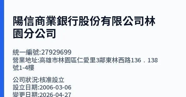 陽信商業銀行股份有限公司林園分公司的照片-統編 27929699(高雄市) 公司登記資料與營業項目詳細圖表