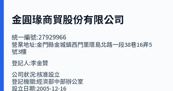 金圓瑑商貿股份有限公司的照片-統編 27929966(金門縣) 公司登記資料與營業項目詳細圖表