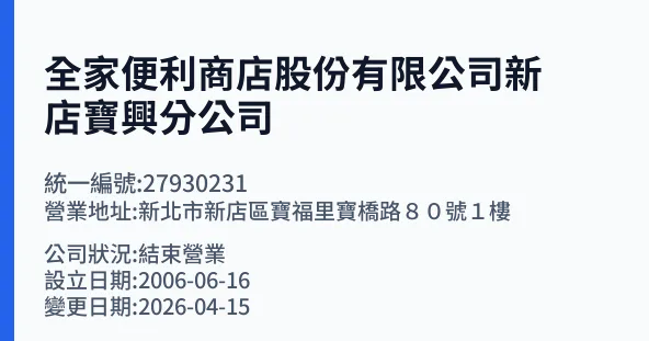 全家便利商店股份有限公司新店寶興分公司的照片-統編 27930231(新北市) 公司登記資料與營業項目詳細圖表