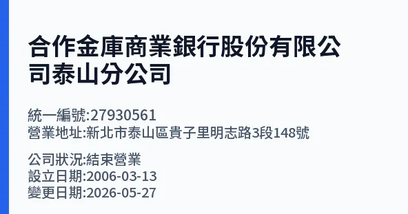 合作金庫商業銀行股份有限公司泰山分公司的照片-統編 27930561(新北市) 公司登記資料與營業項目詳細圖表
