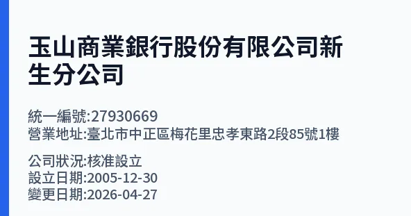 玉山商業銀行股份有限公司新生分公司的照片-統編 27930669(臺北市) 公司登記資料與營業項目詳細圖表