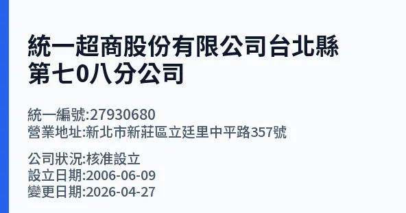 統一超商股份有限公司台北縣第七0八分公司的照片-統編 27930680(新北市) 公司登記資料與營業項目詳細圖表