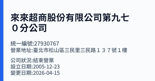 來來超商股份有限公司第九七０分公司的照片-統編 27930767(臺北市) 公司登記資料與營業項目詳細圖表