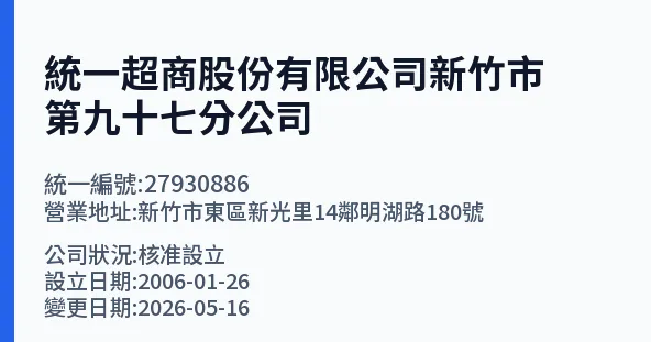 統一超商股份有限公司新竹市第九十七分公司的照片-統編 27930886(新竹市) 公司登記資料與營業項目詳細圖表