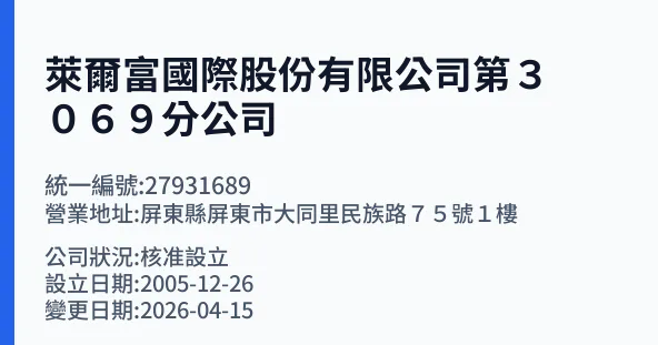 萊爾富國際股份有限公司第３０６９分公司 - 統編 27931689(屏東縣) 公司登記資料與營業項目詳細圖表