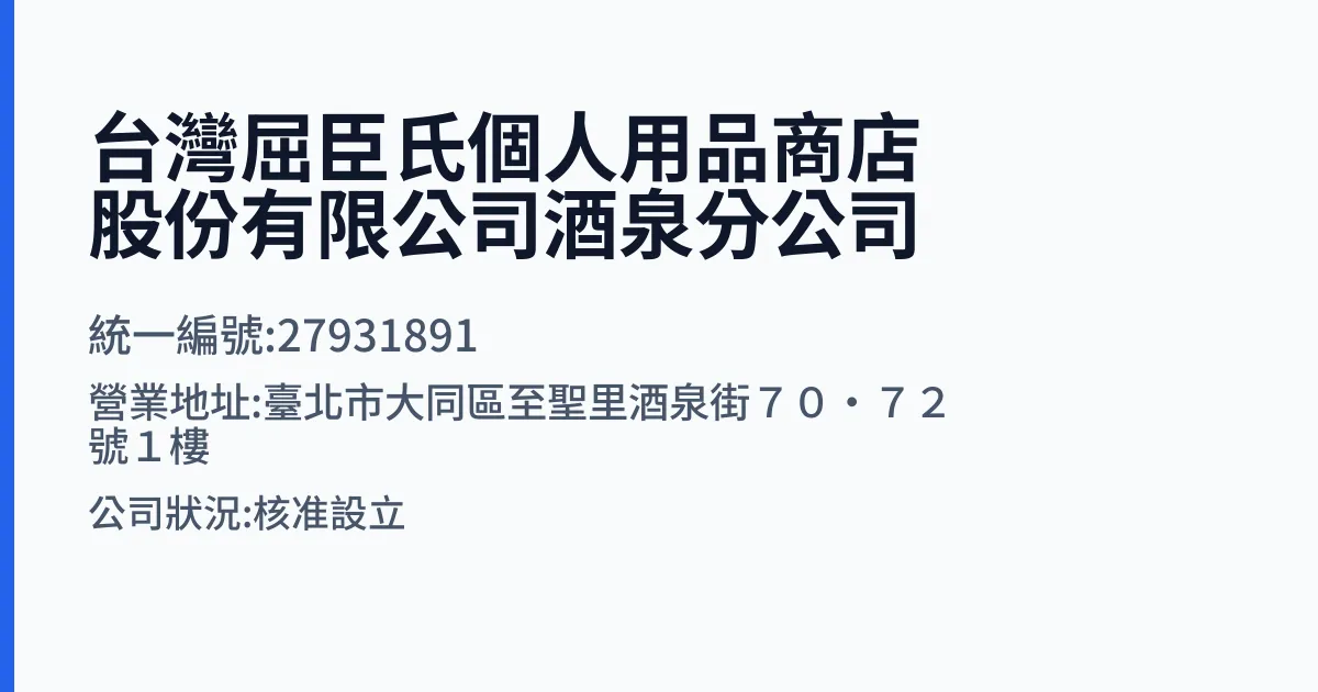 台灣屈臣氏個人用品商店股份有限公司酒泉分公司 - 統編 27931891(臺北市) 公司登記資料與營業項目詳細圖表