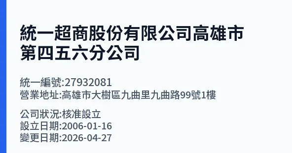 統一超商股份有限公司高雄市第四五六分公司的照片-統編 27932081(高雄市) 公司登記資料與營業項目詳細圖表
