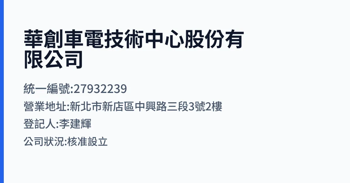 華創車電技術中心股份有限公司 - 統編 27932239(新北市) 公司登記資料與營業項目詳細圖表