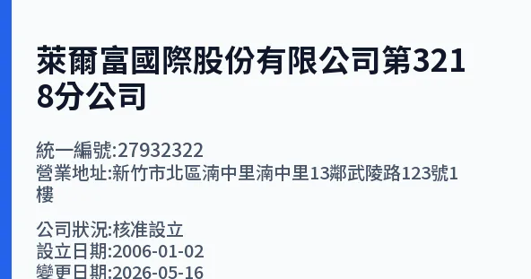 萊爾富國際股份有限公司第3218分公司的照片-統編 27932322(新竹市) 公司登記資料與營業項目詳細圖表
