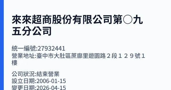 來來超商股份有限公司第○九五分公司的照片-統編 27932441(臺中市) 公司登記資料與營業項目詳細圖表