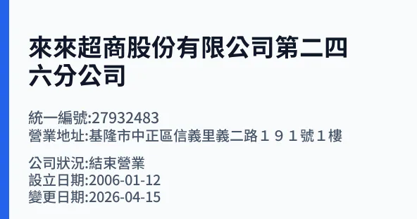 來來超商股份有限公司第二四六分公司的照片-統編 27932483(基隆市) 公司登記資料與營業項目詳細圖表