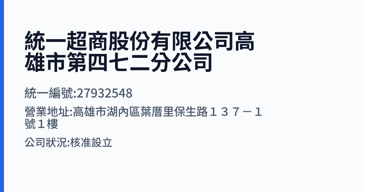 統一超商股份有限公司高雄市第四七二分公司 - 統編 27932548(高雄市) 公司登記資料與營業項目詳細圖表