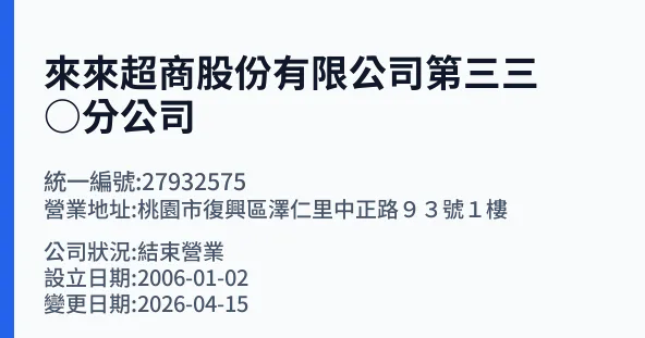 來來超商股份有限公司第三三○分公司的照片-統編 27932575(桃園市) 公司登記資料與營業項目詳細圖表