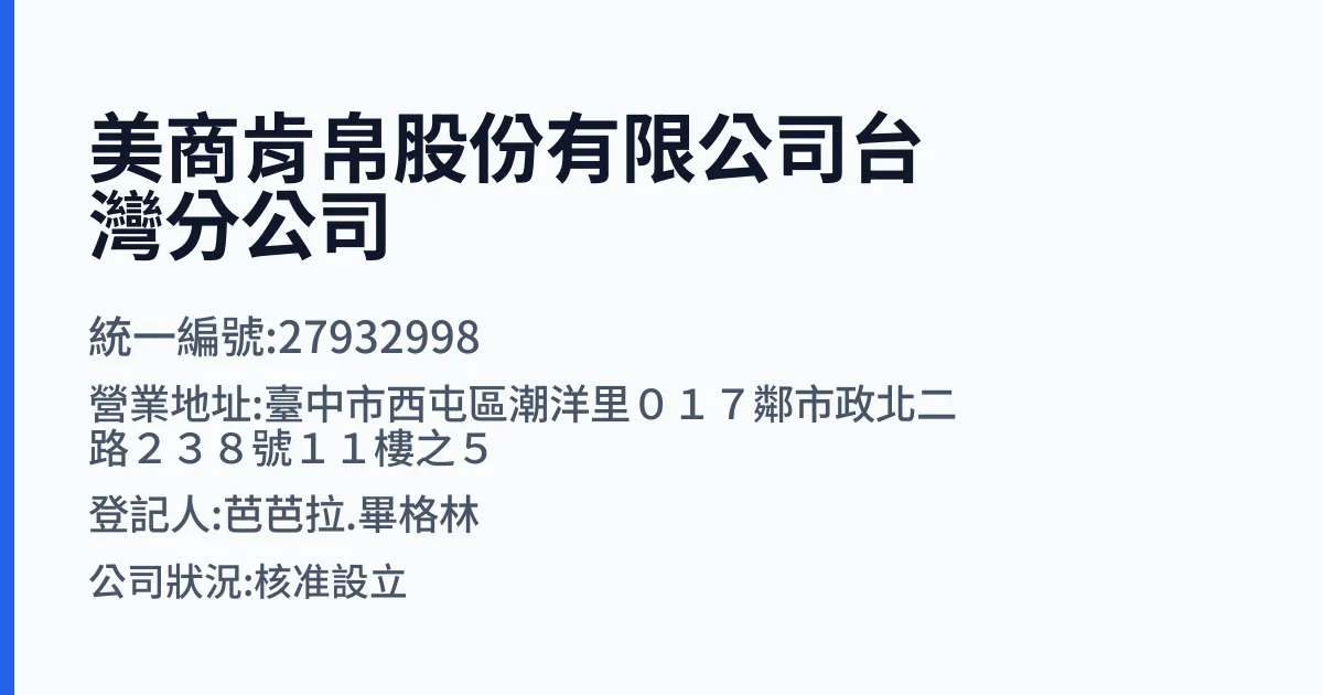 美商肯帛股份有限公司台灣分公司 - 統編 27932998(臺中市) 公司登記資料與營業項目詳細圖表