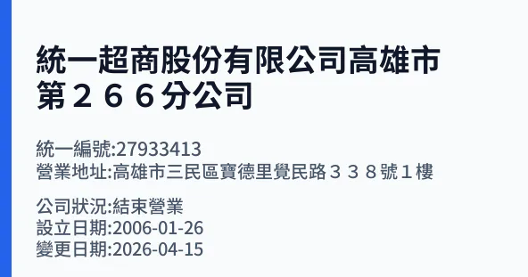 統一超商股份有限公司高雄市第２６６分公司的照片-統編 27933413(高雄市) 公司登記資料與營業項目詳細圖表