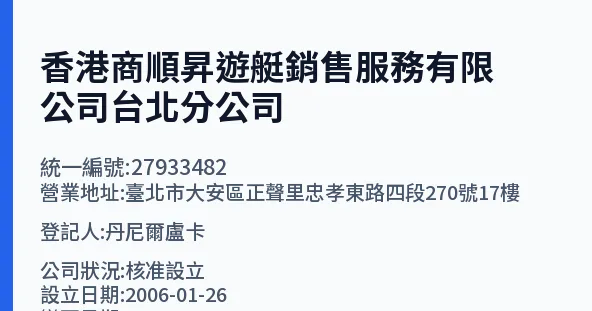 香港商順昇遊艇銷售服務有限公司台北分公司的照片-統編 27933482(臺北市) 公司登記資料與營業項目詳細圖表