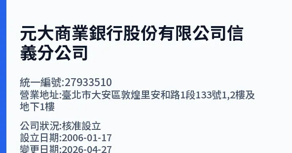 元大商業銀行股份有限公司信義分公司的照片-統編 27933510(臺北市) 公司登記資料與營業項目詳細圖表