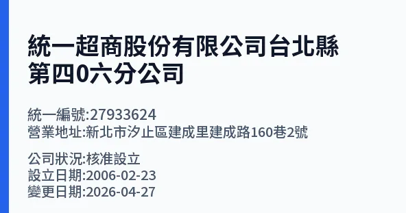 統一超商股份有限公司台北縣第四0六分公司的照片-統編 27933624(新北市) 公司登記資料與營業項目詳細圖表