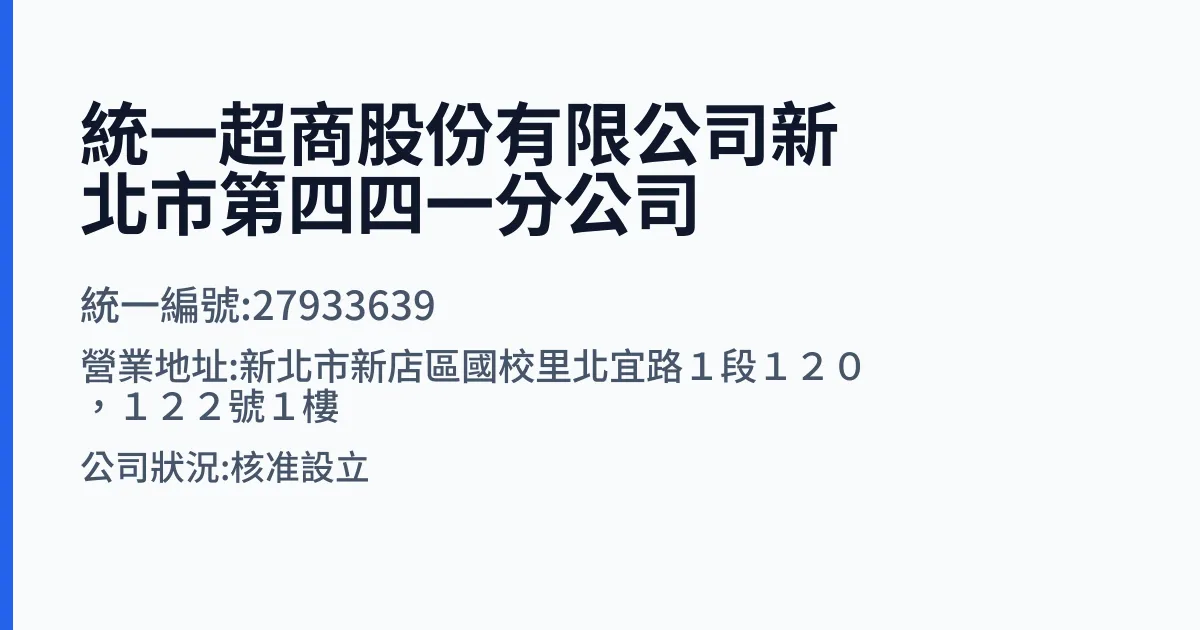 統一超商股份有限公司新北市第四四一分公司 - 統編 27933639(新北市) 公司登記資料與營業項目詳細圖表