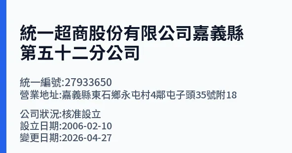 統一超商股份有限公司嘉義縣第五十二分公司的照片-統編 27933650(嘉義縣) 公司登記資料與營業項目詳細圖表