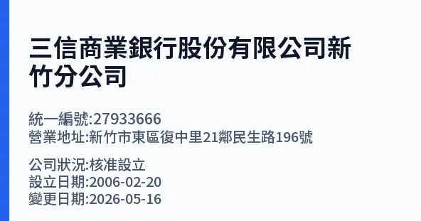 三信商業銀行股份有限公司新竹分公司的照片-統編 27933666(新竹市) 公司登記資料與營業項目詳細圖表