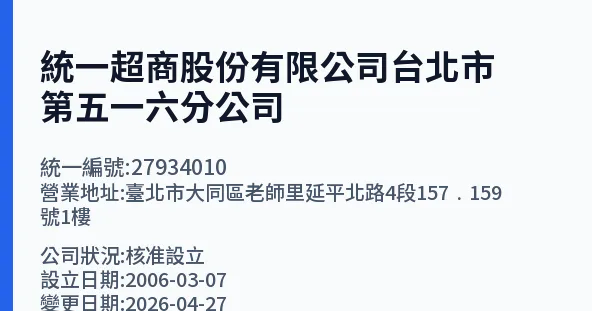 統一超商股份有限公司台北市第五一六分公司的照片-統編 27934010(臺北市) 公司登記資料與營業項目詳細圖表
