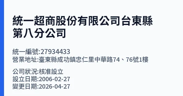 統一超商股份有限公司台東縣第八分公司的照片-統編 27934433(臺東縣) 公司登記資料與營業項目詳細圖表