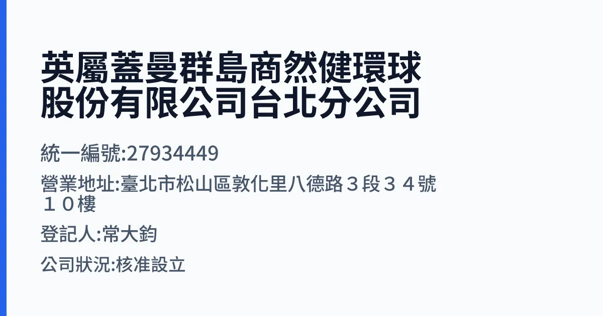 英屬蓋曼群島商然健環球股份有限公司台北分公司 - 統編 27934449(臺北市) 公司登記資料與營業項目詳細圖表