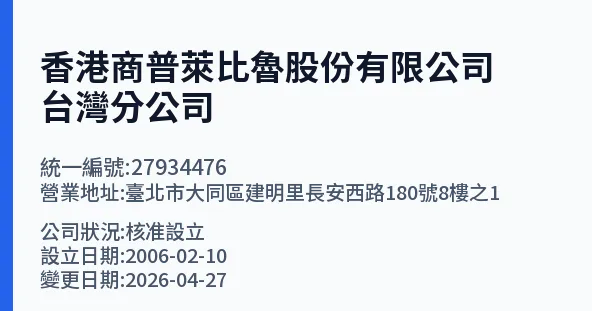 香港商普萊比魯股份有限公司台灣分公司的照片-統編 27934476(臺北市) 公司登記資料與營業項目詳細圖表
