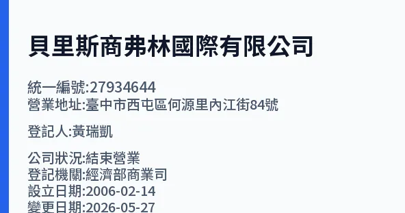 貝里斯商弗林國際有限公司的照片-統編 27934644(臺中市) 公司登記資料與營業項目詳細圖表