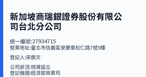 新加坡商瑞銀證券股份有限公司台北分公司的照片-統編 27934715(臺北市) 公司登記資料與營業項目詳細圖表
