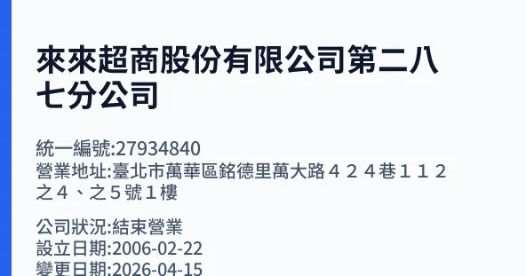 來來超商股份有限公司第二八七分公司的照片-統編 27934840(臺北市) 公司登記資料與營業項目詳細圖表