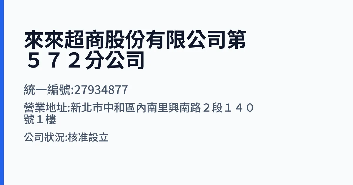 來來超商股份有限公司第５７２分公司 - 統編 27934877（新北市） 公司登記資料與營業項目詳細圖表