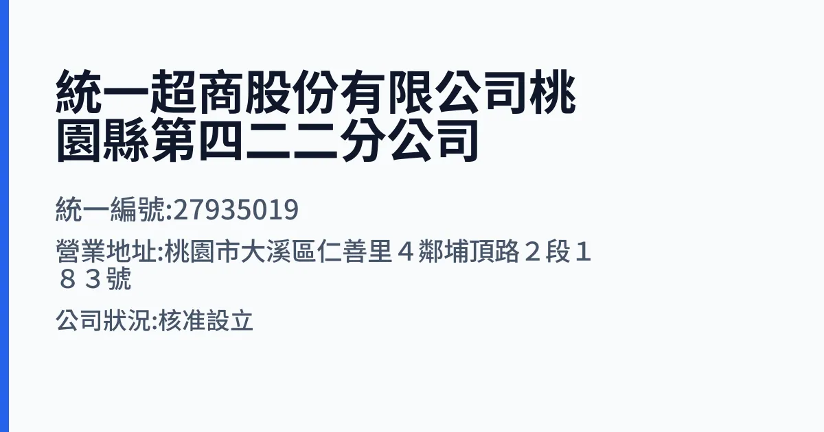 統一超商股份有限公司桃園縣第四二二分公司 - 統編 27935019（桃園市） 公司登記資料與營業項目詳細圖表