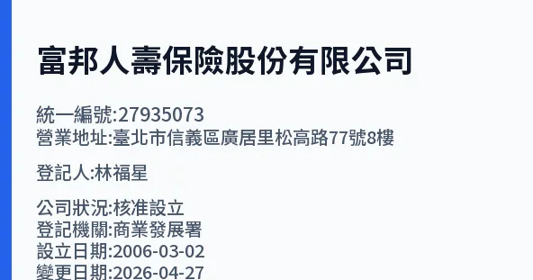 富邦人壽保險股份有限公司的照片-統編 27935073(臺北市) 公司登記資料與營業項目詳細圖表