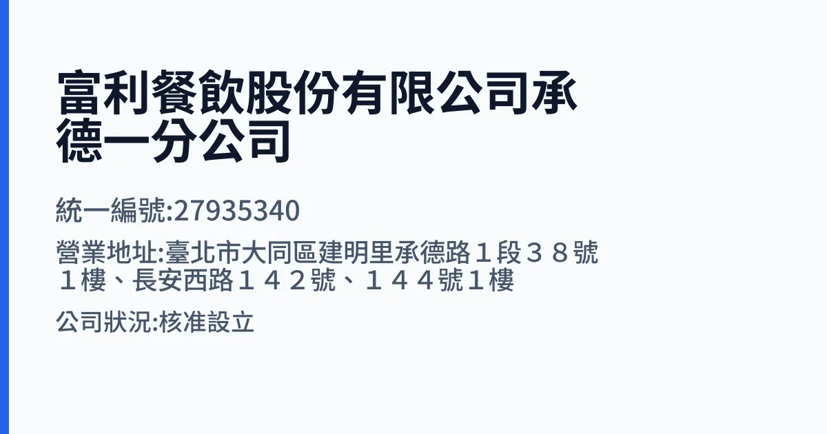 富利餐飲股份有限公司承德一分公司 - 統編 27935340(臺北市) 公司登記資料與營業項目詳細圖表