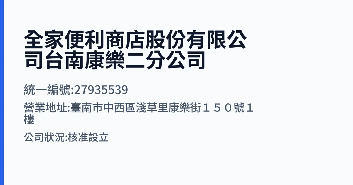 全家便利商店股份有限公司台南康樂二分公司 - 統編 27935539(臺南市) 公司登記資料與營業項目詳細圖表