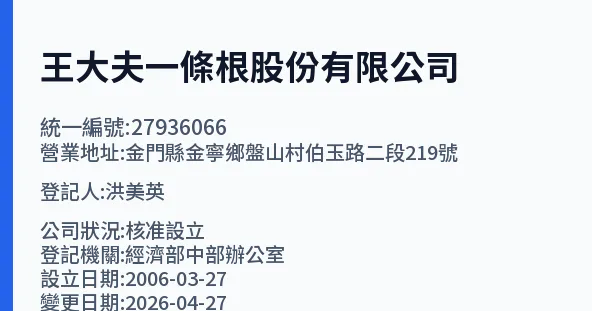 王大夫一條根股份有限公司的照片-統編 27936066(金門縣) 公司登記資料與營業項目詳細圖表