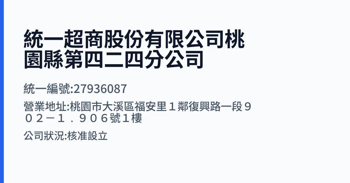 統一超商股份有限公司桃園縣第四二四分公司 - 統編 27936087(桃園市) 公司登記資料與營業項目詳細圖表