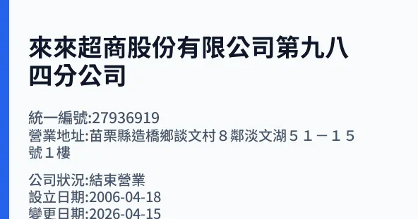 來來超商股份有限公司第九八四分公司的照片-統編 27936919(苗栗縣) 公司登記資料與營業項目詳細圖表
