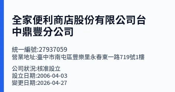 全家便利商店股份有限公司台中鼎豐分公司的照片-統編 27937059(臺中市) 公司登記資料與營業項目詳細圖表